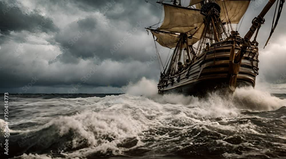 Abstract animation of a ship with torn sails sailing in bad weather ...