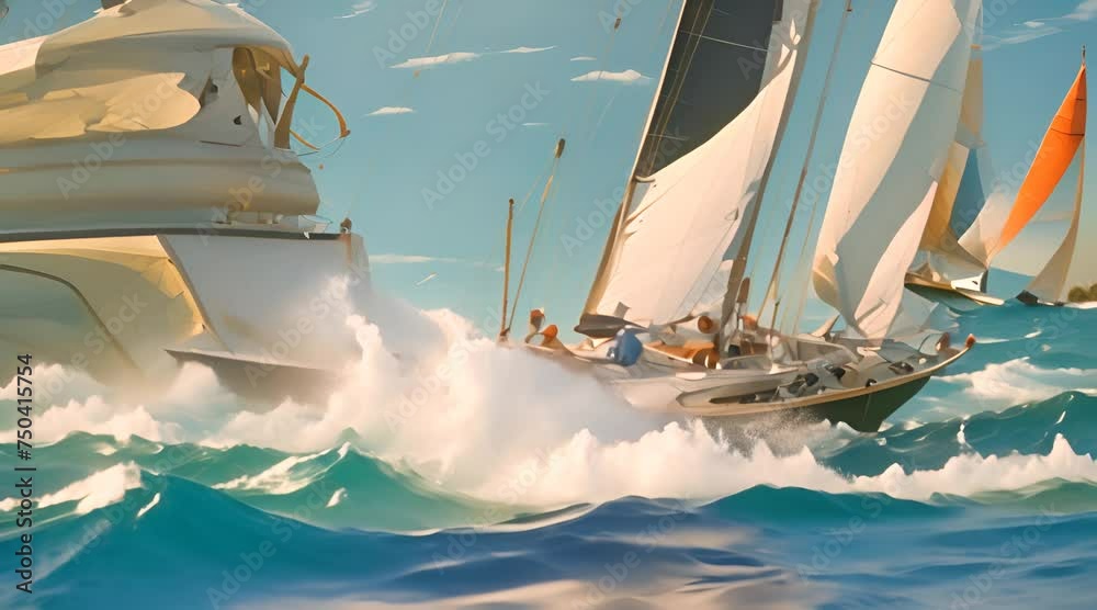 Abstract animation of a sailing yacht in a hand-drawn style. Sail, sea ...