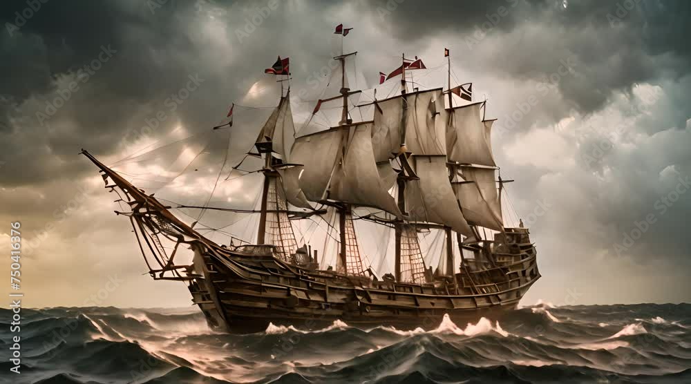 Abstract animation of a merchant ship carrying sugar. Sail, sea ...