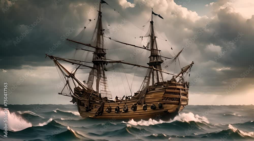 Abstract animation of a ship without sails in the calm. Sail, sea ...