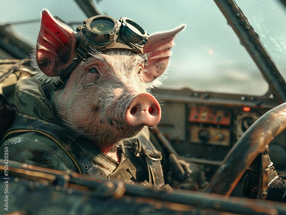cinematic Action scene of a pig in closeup side view of the cockpit in ...