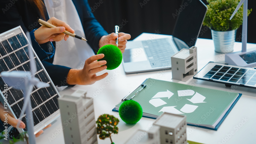 Sustainable business meetings at desks, green energy concepts. People ...