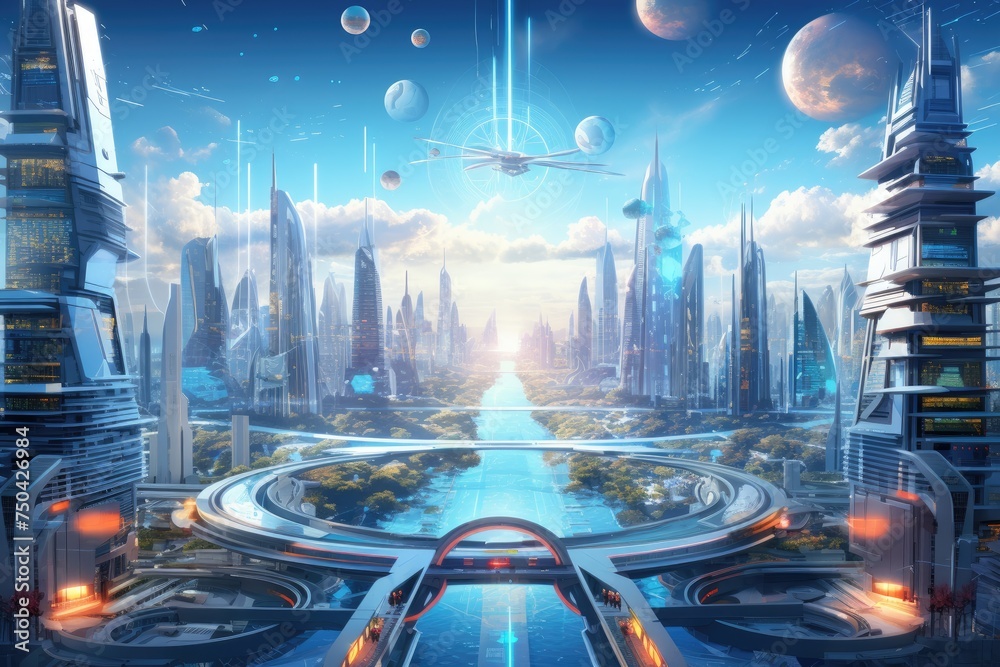 Futuristic cityscape with lush greenery and advanced architecture ...