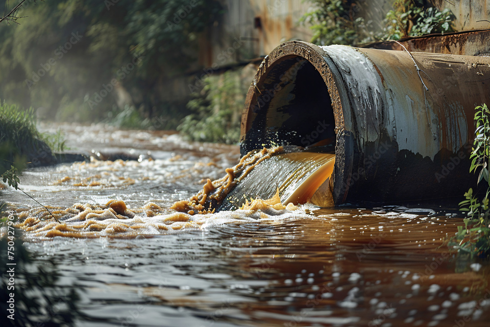 water waste flowing into the river, Environmental damage concept ...