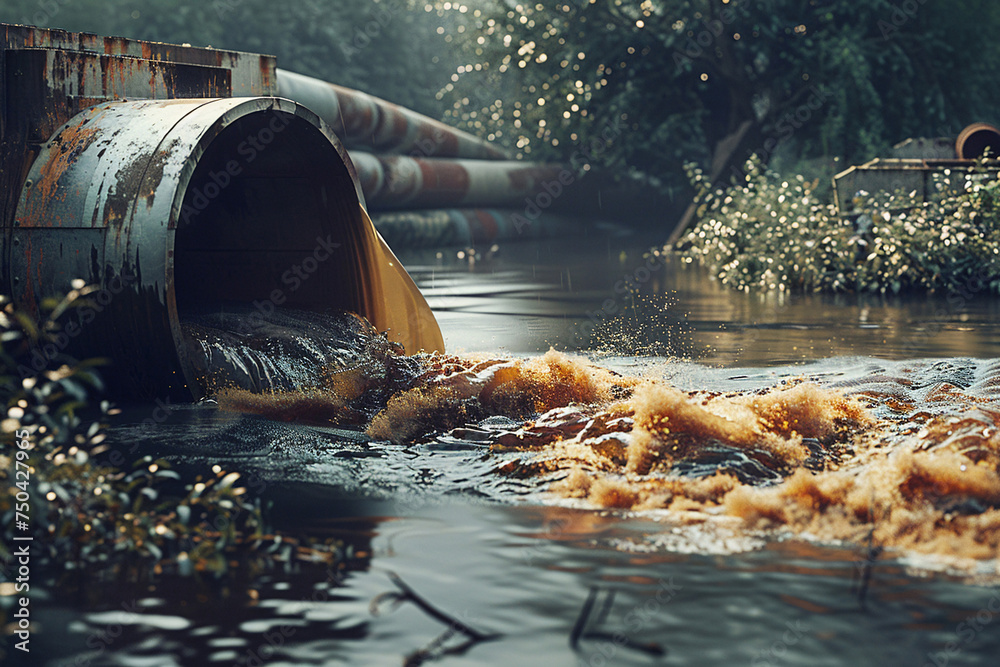 water waste flowing into the river, Environmental damage concept ...