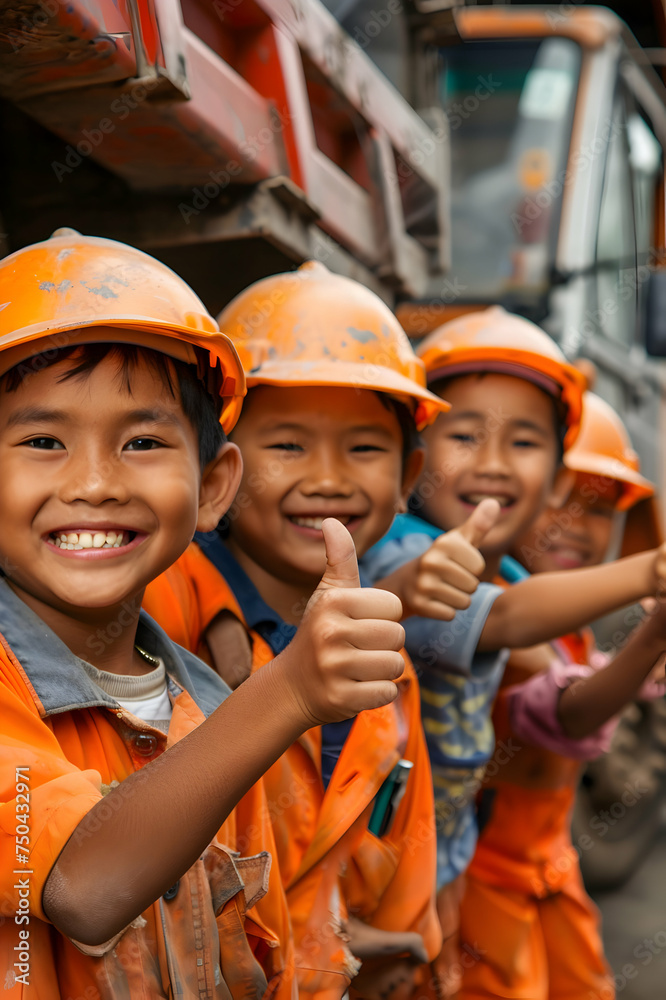 Group of children doing their dream job as Dustmen standing next to the ...