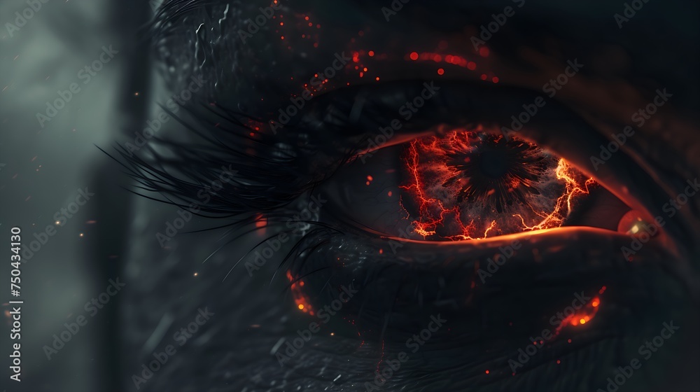 malevolent gaze: the haunting intensity of a red-glowing eye in shadow ...