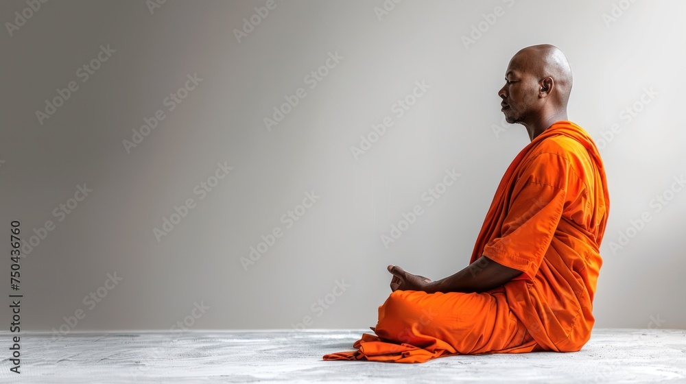 Buddhist monk meditates in an empty white isolated room. Vesak. Wesak ...
