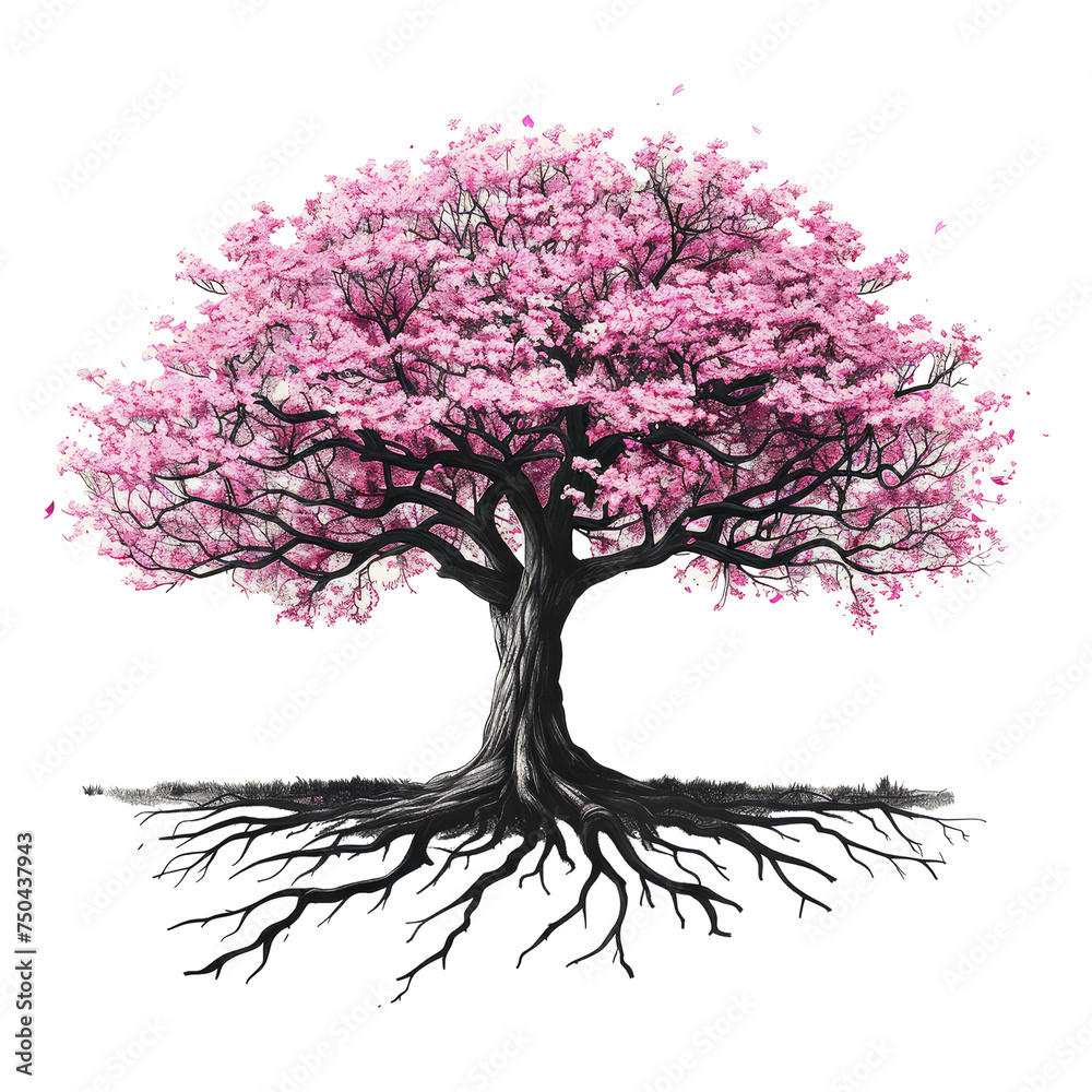 sakura blossom cherry tree, with long roots isolated on transparent ...