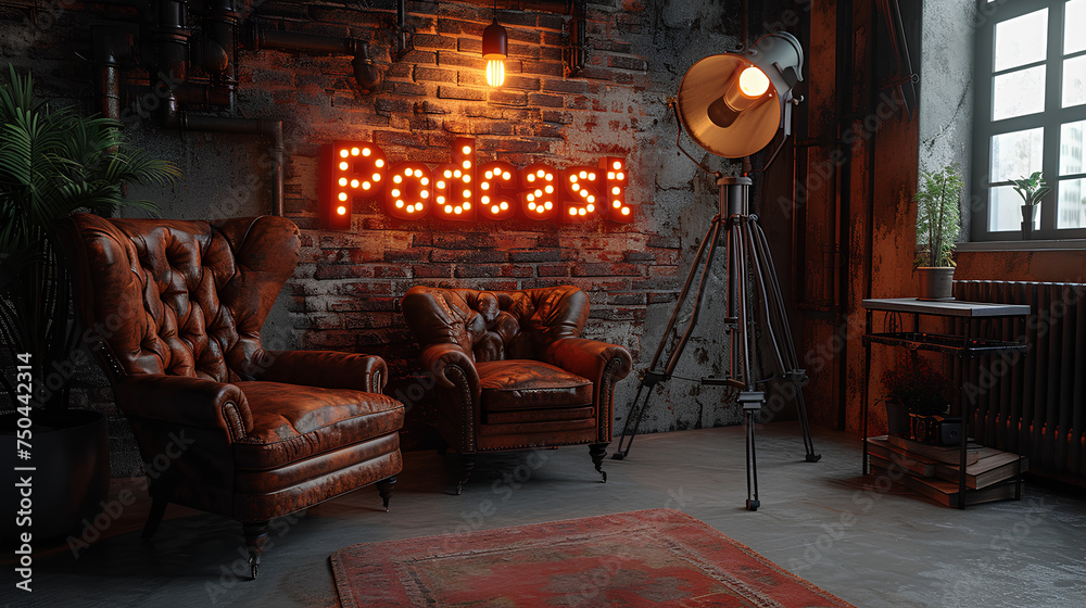 Two armchairs, a modern workplace and a stylish word podcast, a place ...