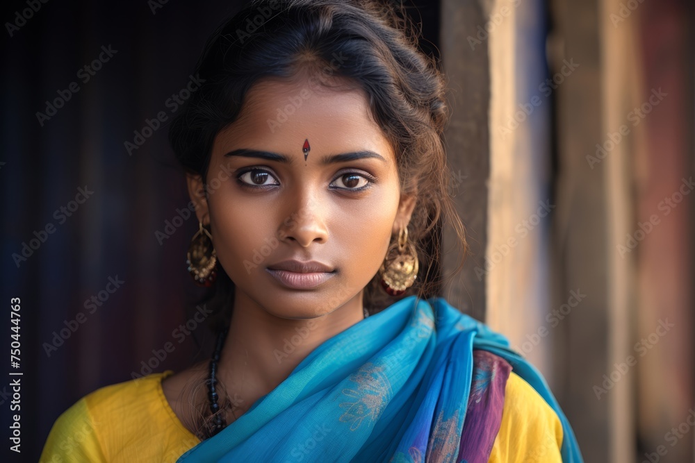 Photo of a young Dalit woman in her early 20s, her attire modest but ...