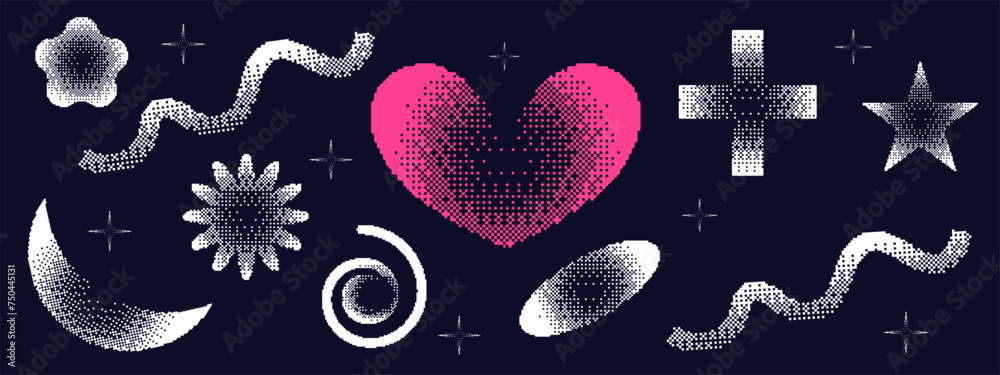 Pixel y2k geometric shape set. Star, heart, spiral pixel retro design ...