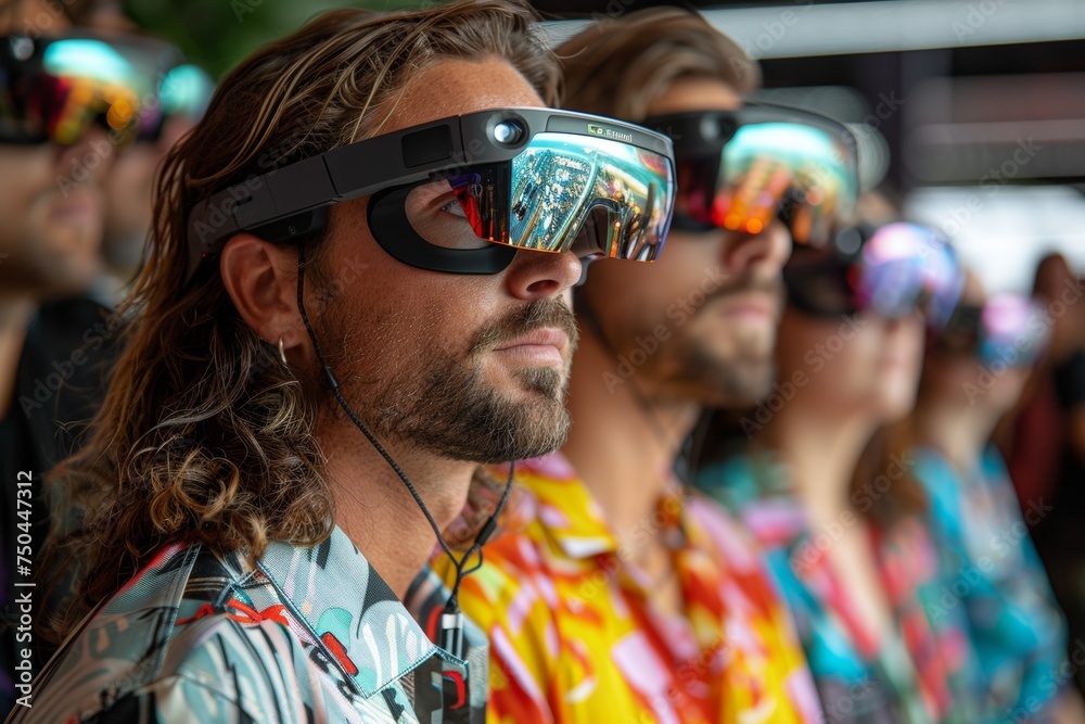 A group of friends wearing augmented reality (AR) glasses, playing an ...