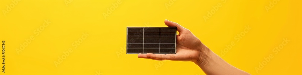 A single solar cell in a human hand against a sunlit yellow background ...