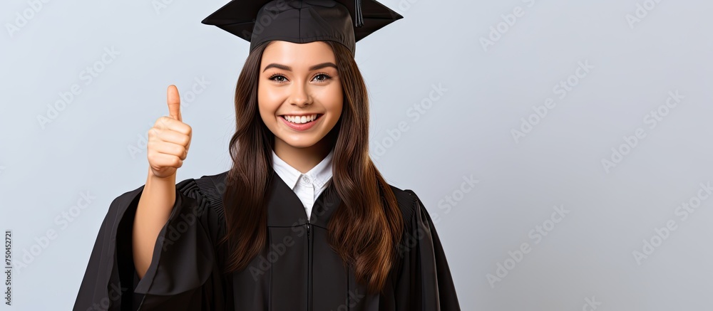 Confident Female Graduate Celebrating Success with Thumbs Up and ...