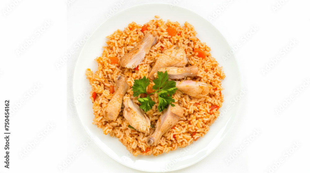 Arroz con pollo on a plate, neatly centered, top-down view isolated on ...