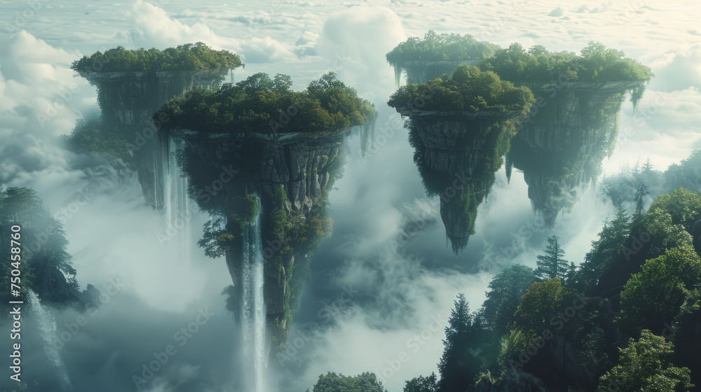 Majestic floating islands emerge from a sea of clouds, with waterfalls ...