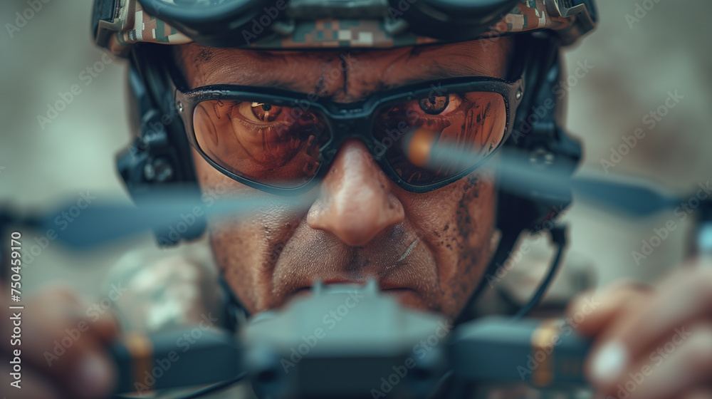 Shoulder portrait of army soldier, special forces fighter, modern ...