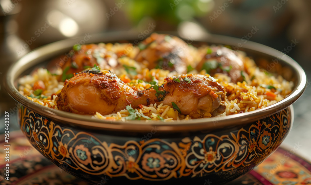 Kuwaiti Machboos, spiced chicken atop fragrant rice, presented in a ...