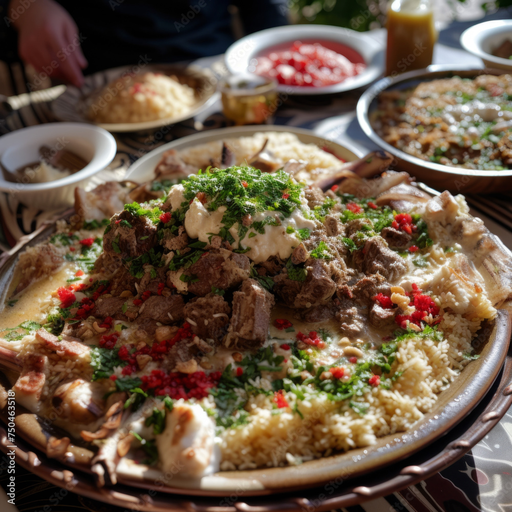 Large platter of Jordanian Mansaf, rice and lamb topped with yogurt and ...