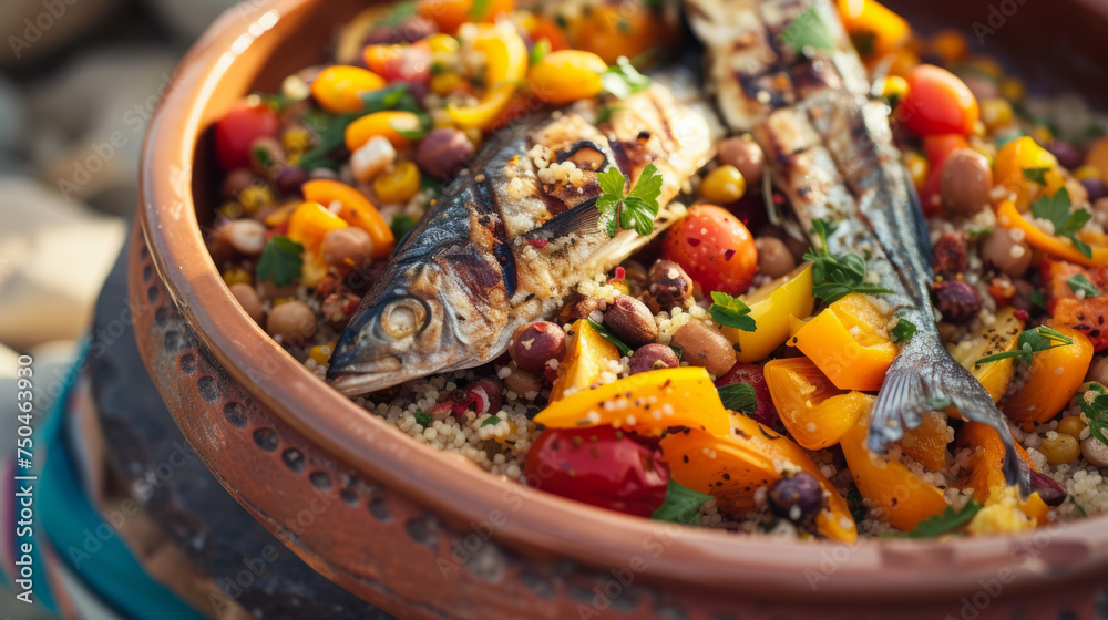 Tunisian Couscous with grilled fish and a medley of vegetables in a ...