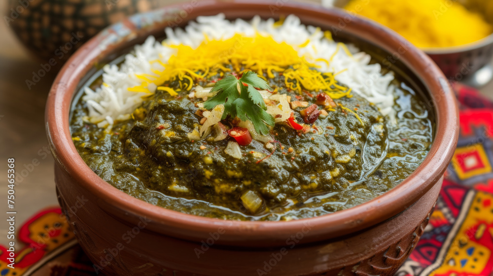 Iranian Ghormeh Sabzi, herb stew, served in a clay bowl with saffron ...