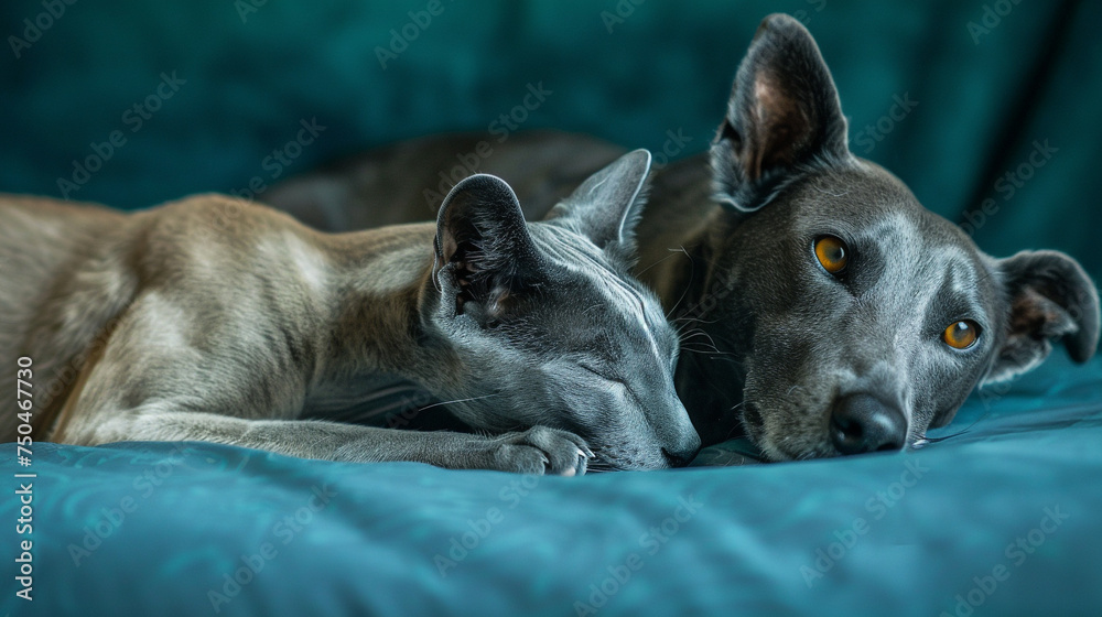 A gentle greyhound and an elegant Russian Blue cat sharing a quiet ...