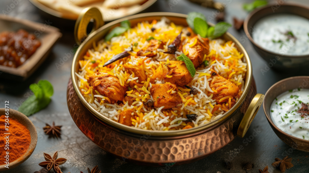 Chicken Biryani richly layered with golden rice, tender chicken, and a ...