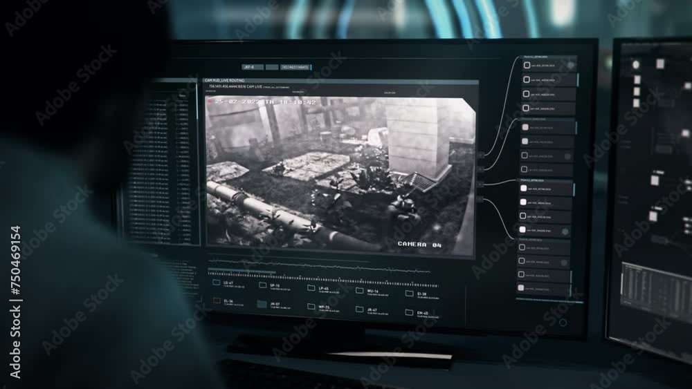 Vidéo Stock Spy network surveillance system displaying troops fighting ...