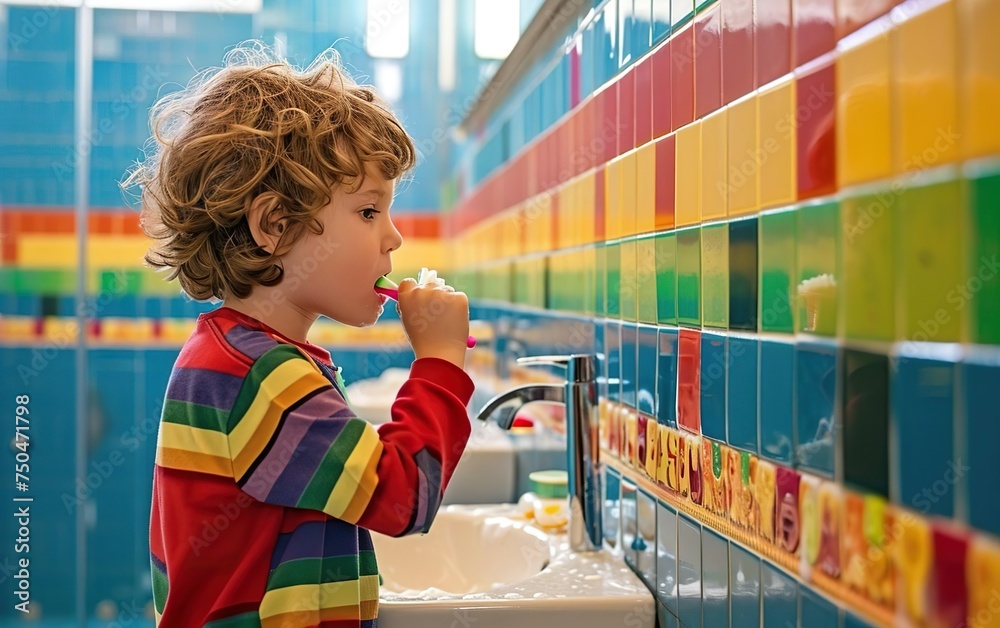 Blonde curly hair kid brushing their teeth in kindergarten bathroom ...