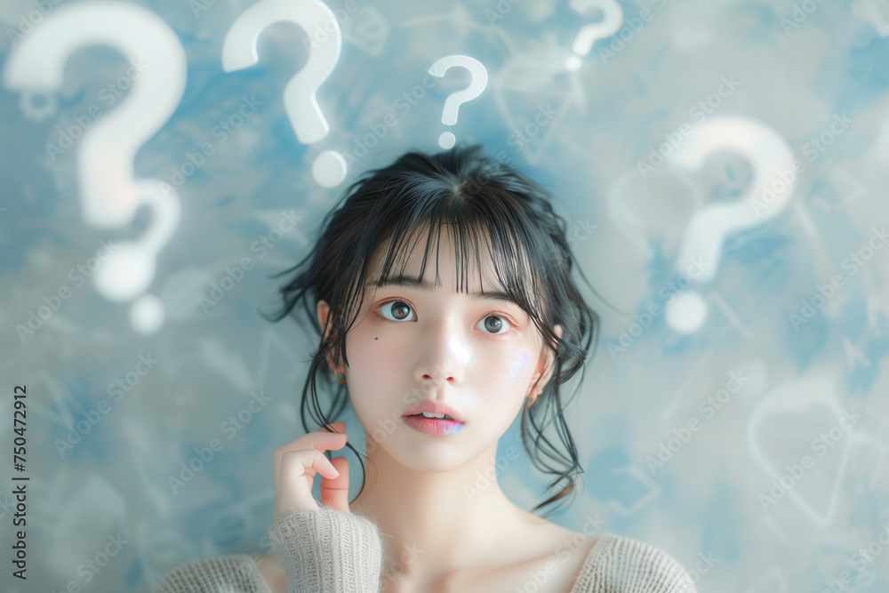 asian woman posing in a blue and white background with question marks ...