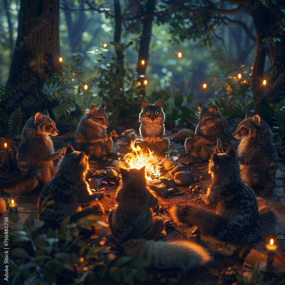 A group of raccoons sitting around a fire. The raccoons are gathered ...