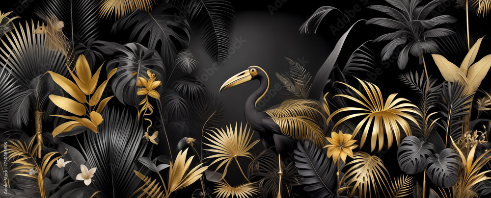 ภาพประกอบสต็อก Gold black Jungle wallpaper with birds, trees and ...
