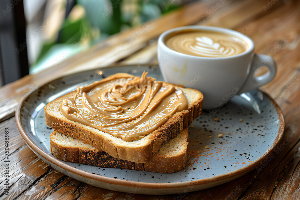 Toasted bread spread with peanut butter served with coffee on a plate ...