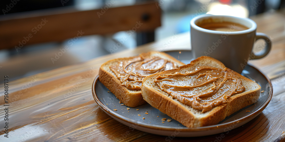 Toasted bread spread with peanut butter served with coffee on a plate ...