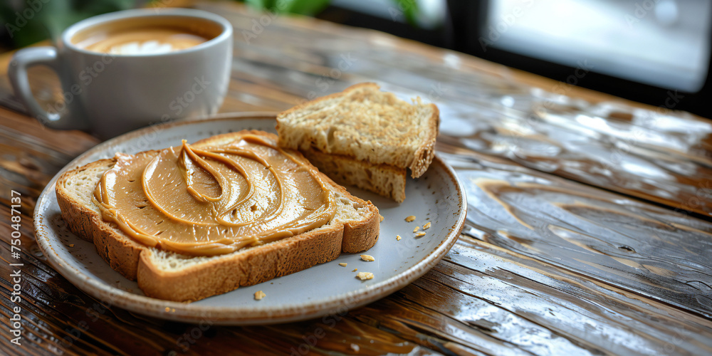 Toasted bread spread with peanut butter served with coffee on a plate ...
