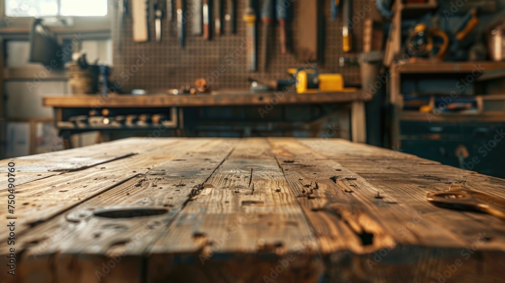 Vintage Woodworking Workshop Interior with Focus on Aged Workbench ...