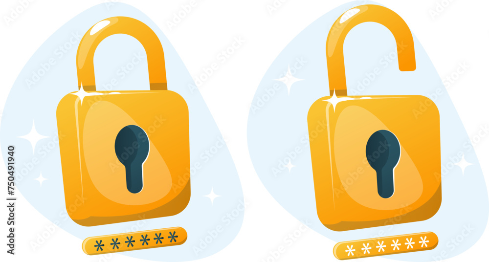 open and closed lock with password at the bottom, open and closed ...