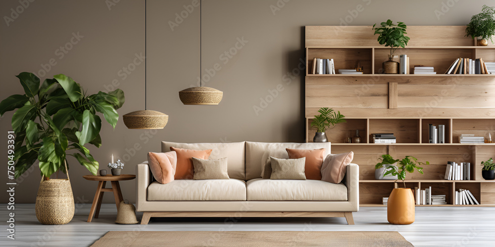 Warm Living Room Interior with Mock-Up Poster Frame, Brown Sofa, and ...
