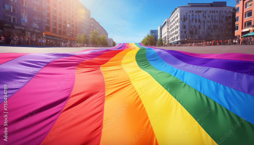 An enormous rainbow Pride flag stretches across an urban street ...
