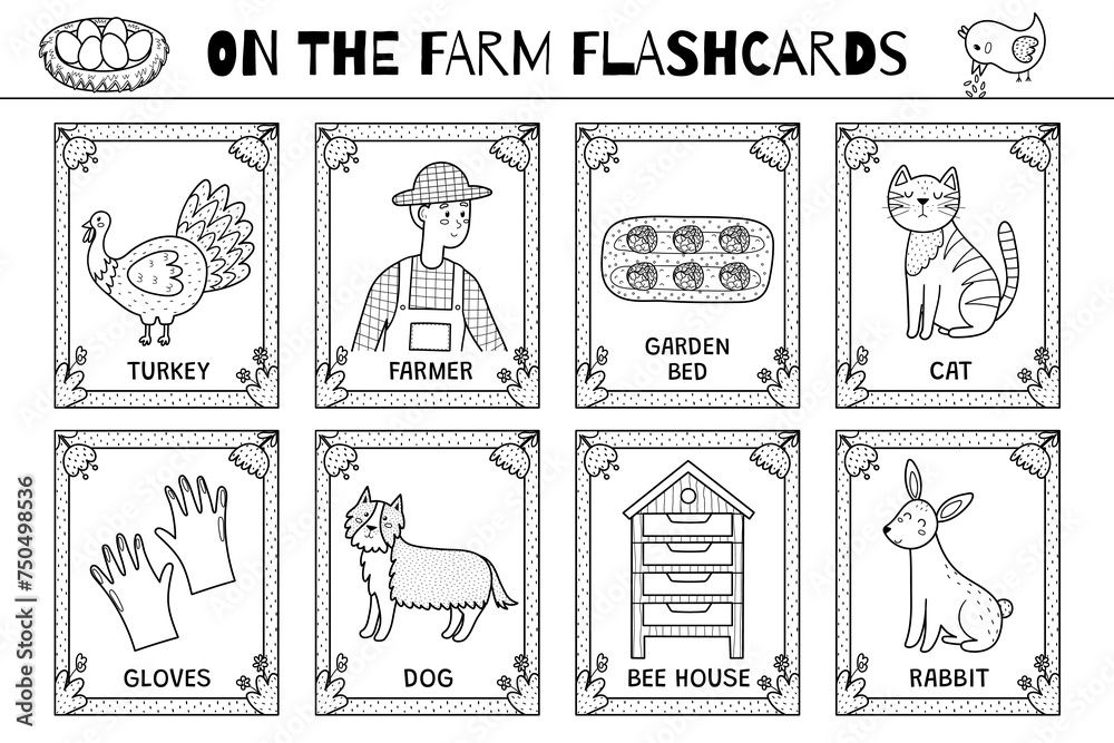 On the farm flashcards black and white set. Flash cards collection in ...