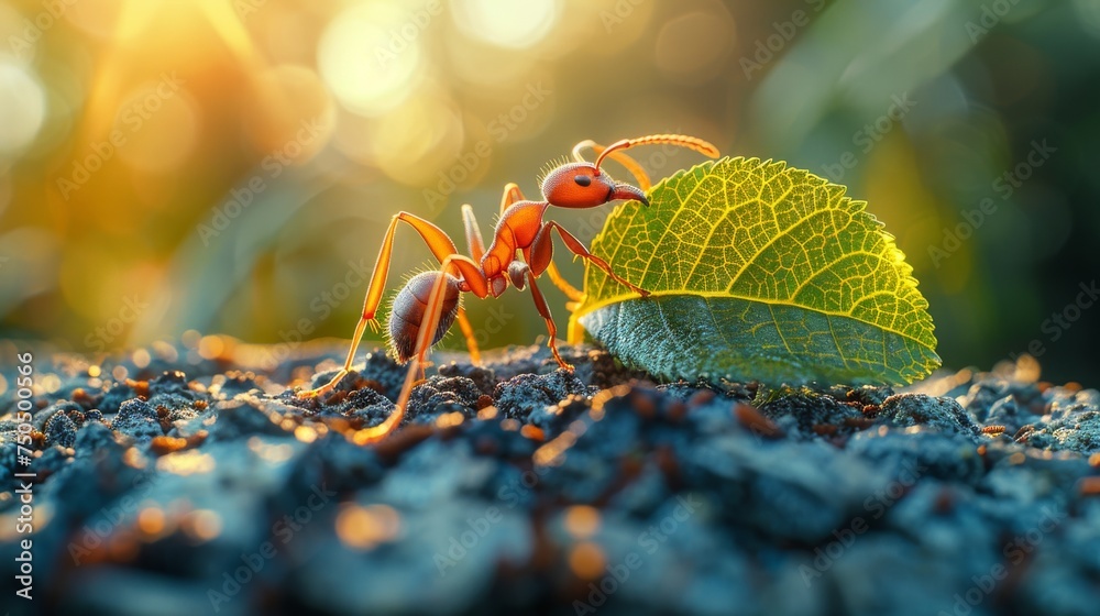 Macro shot side view of an ant taking a green leaf several times bigger ...