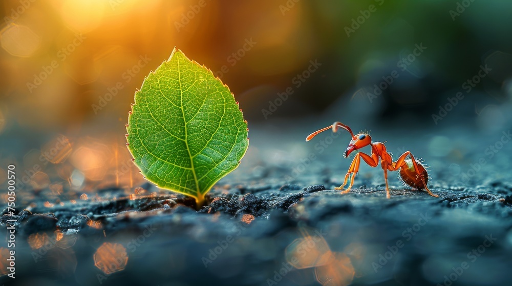 Macro shot side view of an ant taking a green leaf several times bigger ...