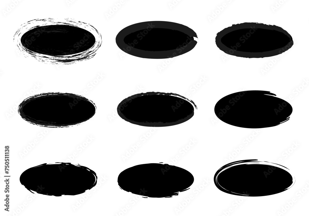Hoja de iconos de forma de óvalo con trazado de pincel negro. Stock ...