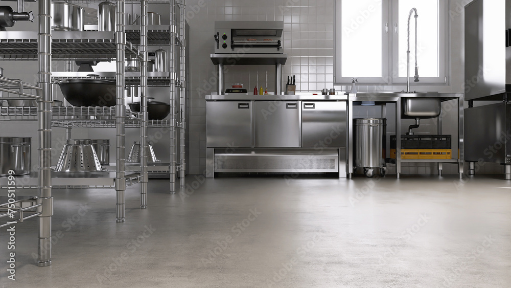 New, clean resin vinyl floor in commercial, industrial bakery kitchen ...