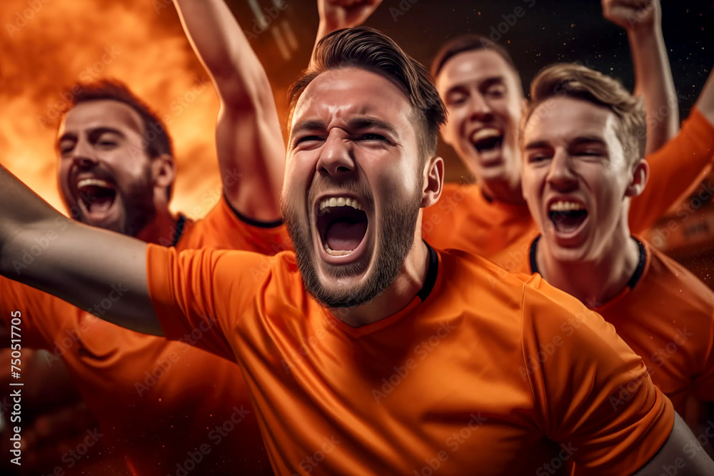 mens soccer football players celebrating a triumph win or winning a ...