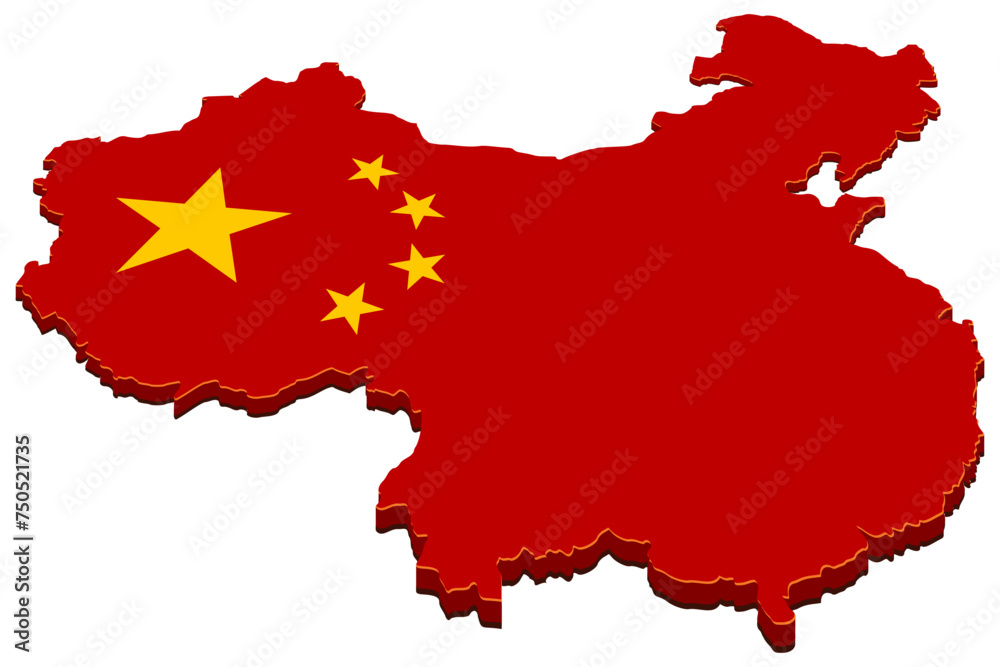 3D map of China in the colors of the red flag of the Chinese Communist ...
