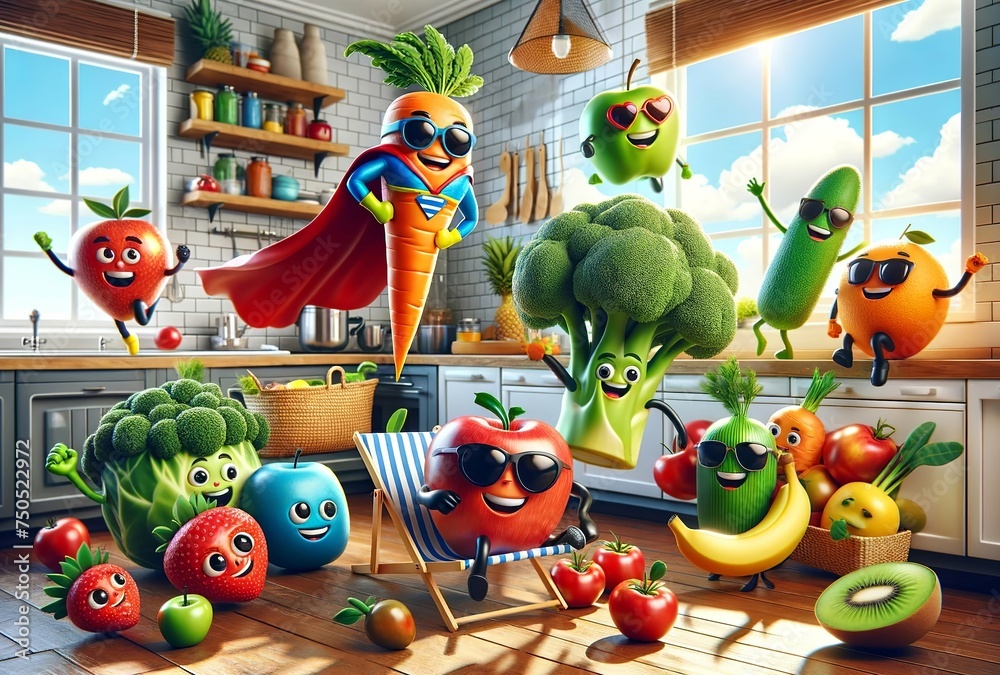 This AI-generated image presents a joyful scene of animated fruit and ...