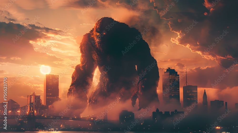 Giant monster silhouette looming over city skyline in dramatic ...