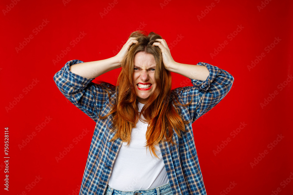 Emotion and people concept. Emotional angry 30s woman screaming on red ...